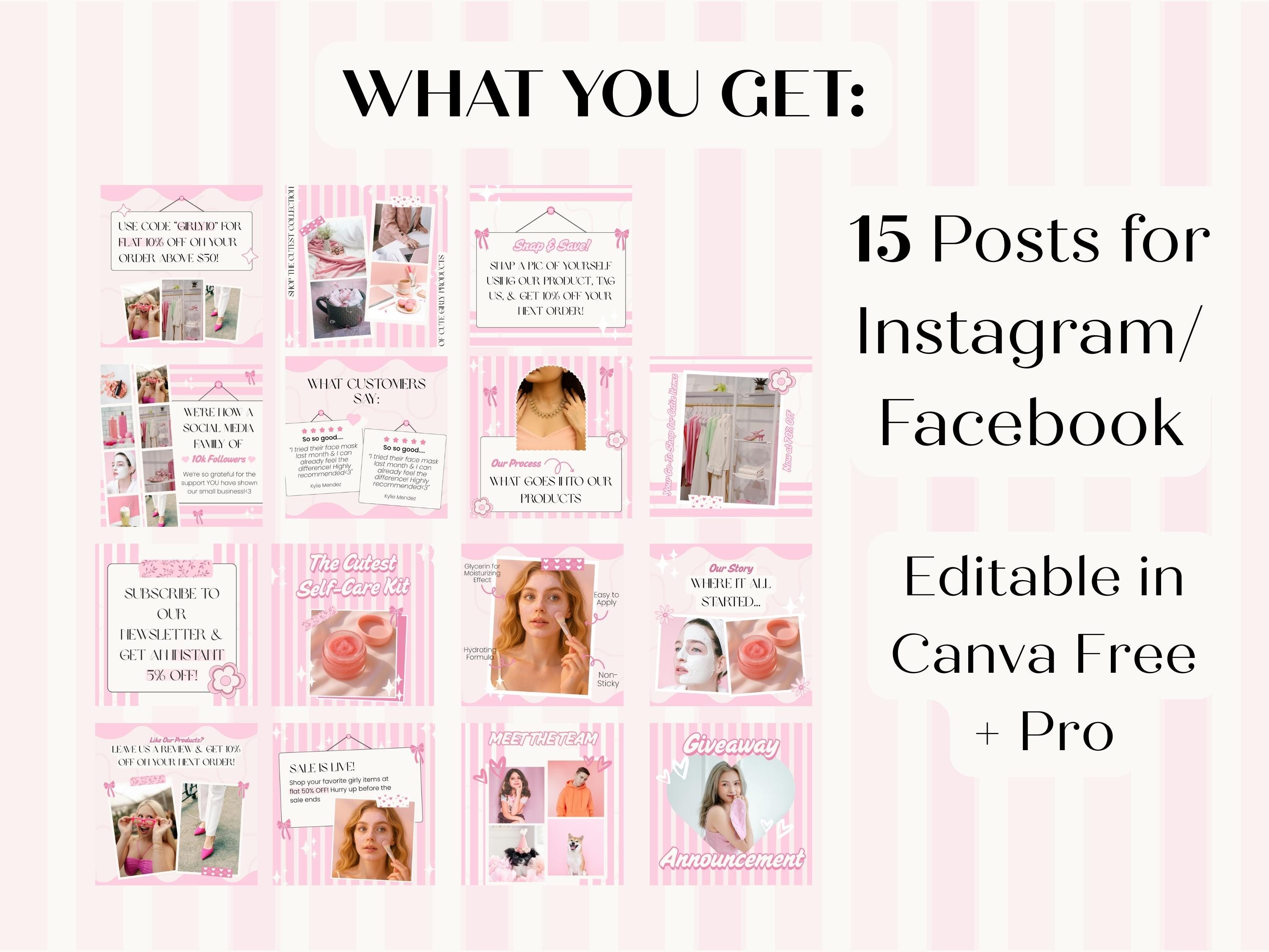 Girly Pink Social Media Kit, 15 Posts, Banners, Highlight Covers ...