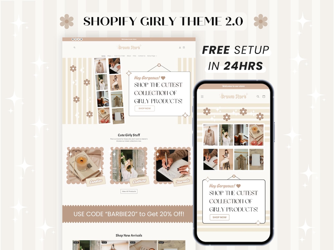 Girly Shopify Theme, Playful Brown Website Template for Small Business ...