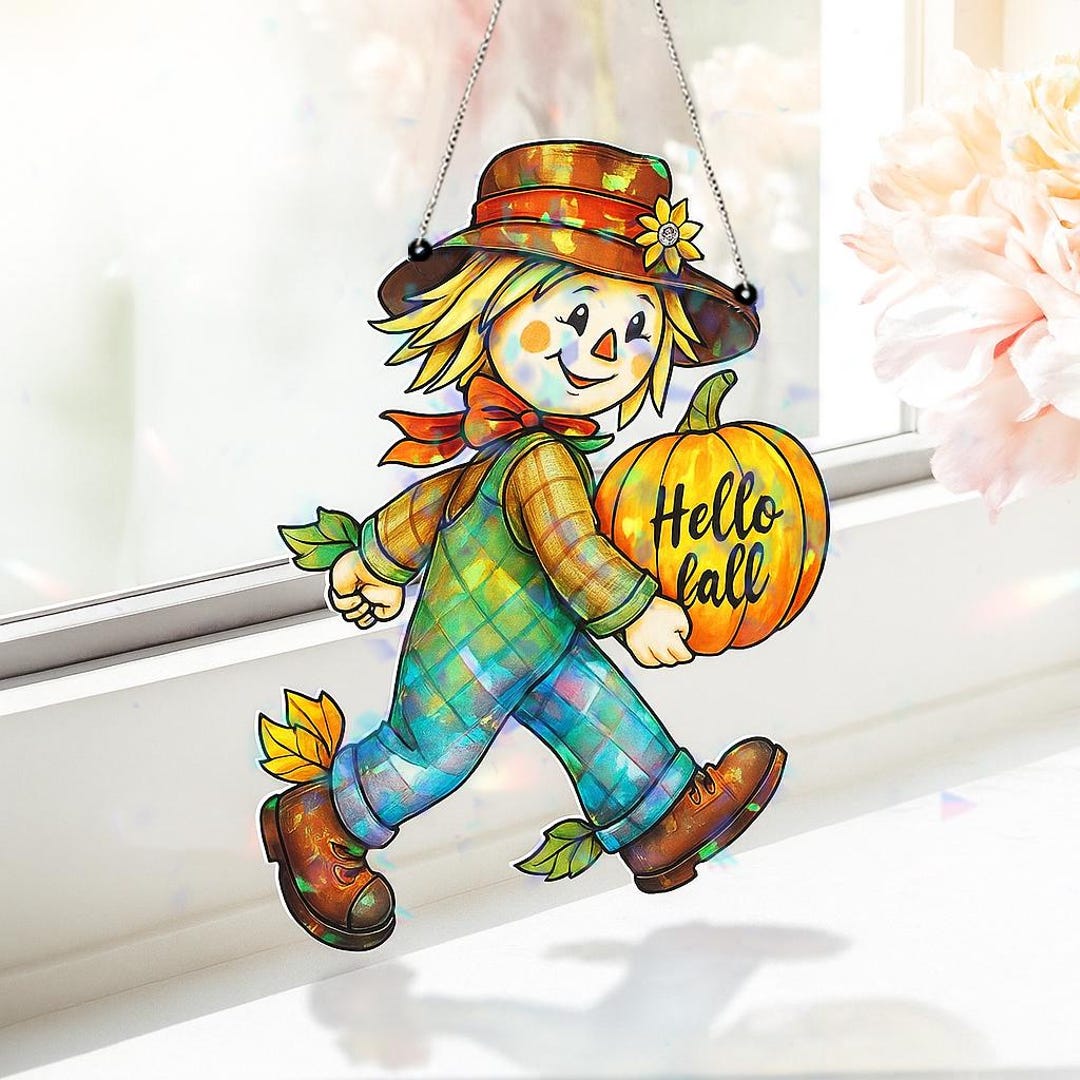 Hello Fall Scarecrow Acrylic Window Hanging – Cute Autumn Decor ...