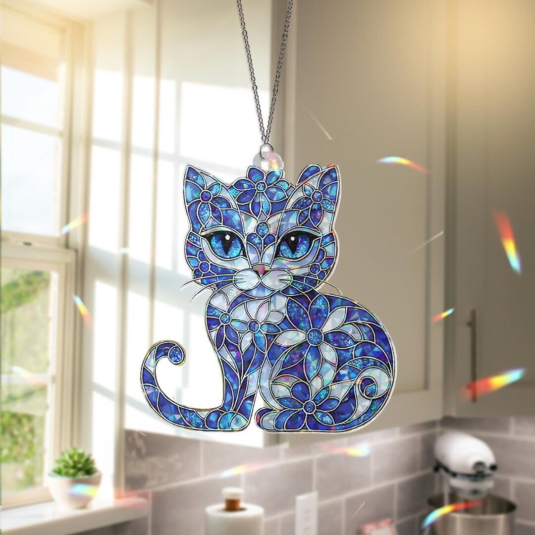 Blue Cat Suncatcher Window Decor, Stained Glass Style Floral Kitty ...
