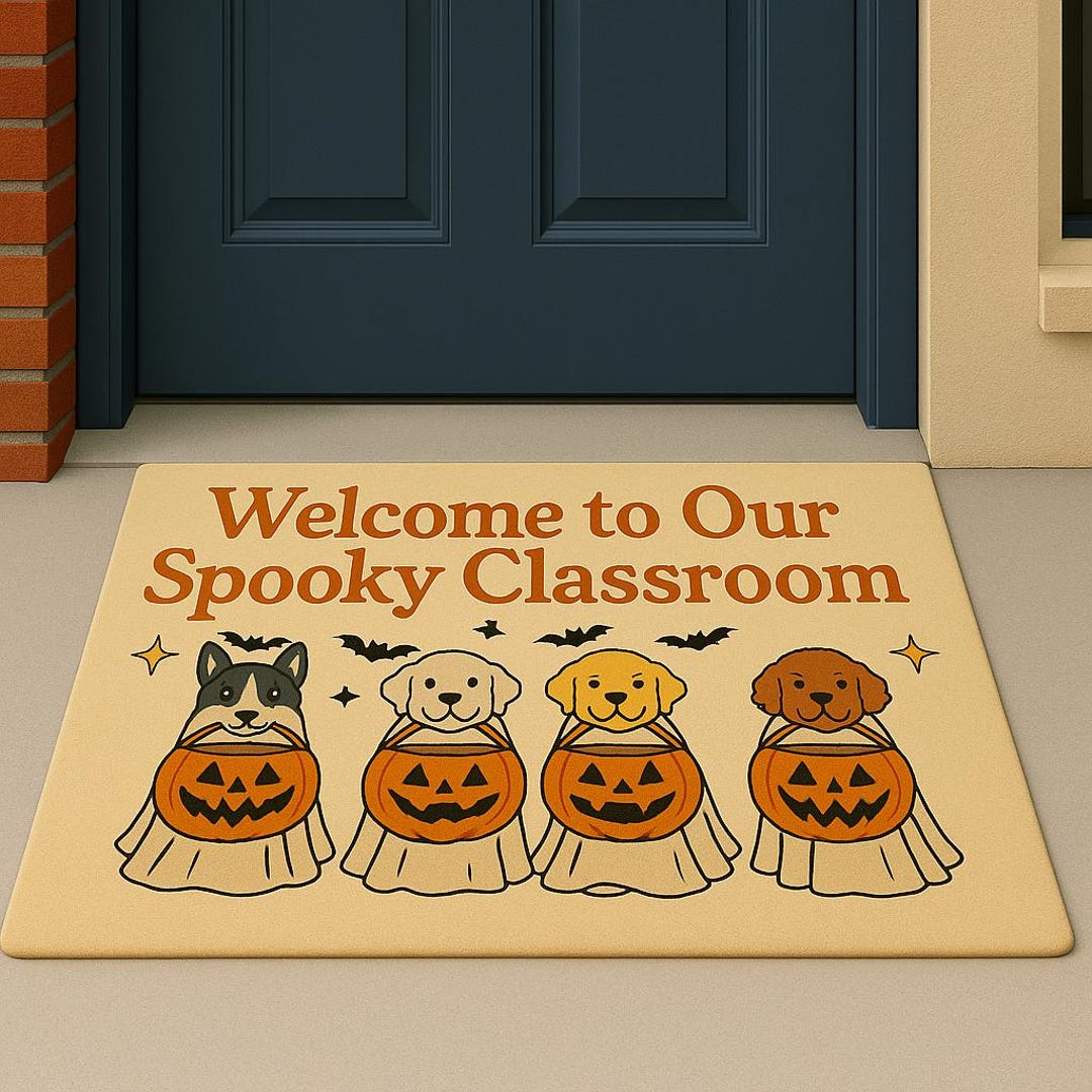 Welcome to Our Spooky Classroom Halloween Doormat Cute Dogs in Ghost ...