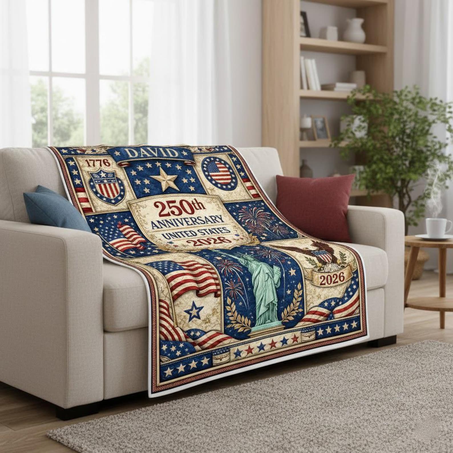 Custom Name 250 Years US Anniversary Quilt Blanket - Statue of Liberty ...