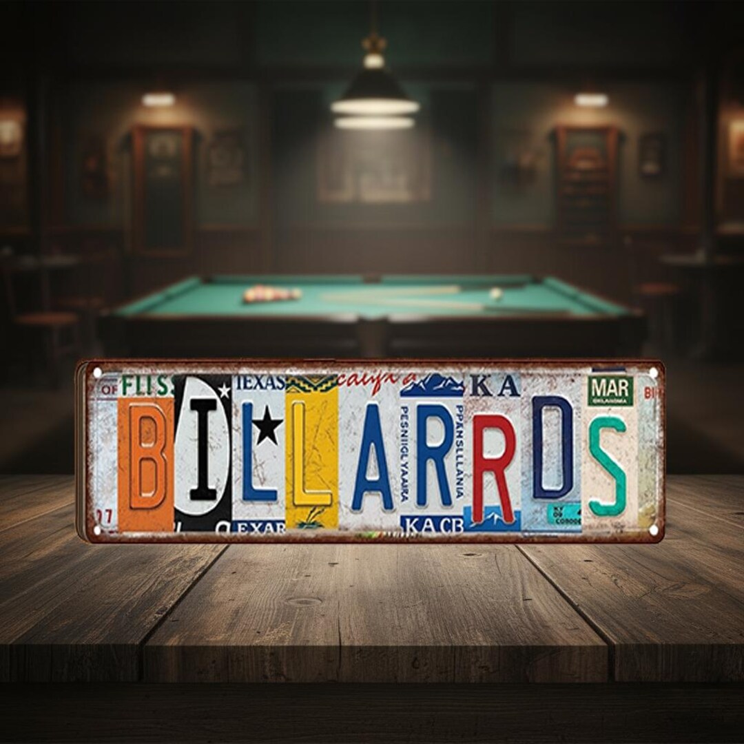 Billiards Wooden License Plate Sign, Vintage Pool Bar Wall Decor ...