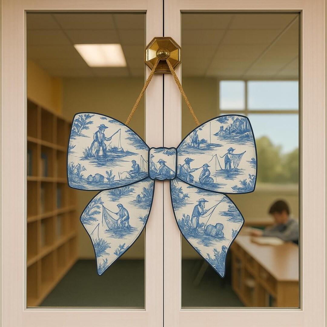 Toile Bow Wooden Door Sign, Blue and White French Vintage Ribbon Decor ...