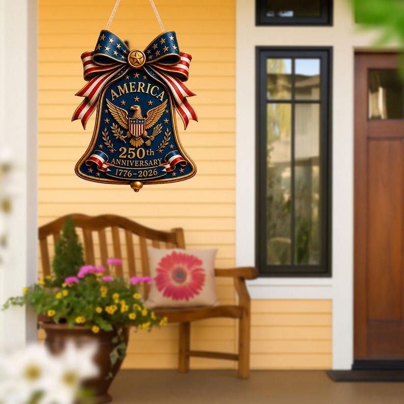 America 250th Anniversary Bell Sign, Patriotic Front Door Hanger, USA ...