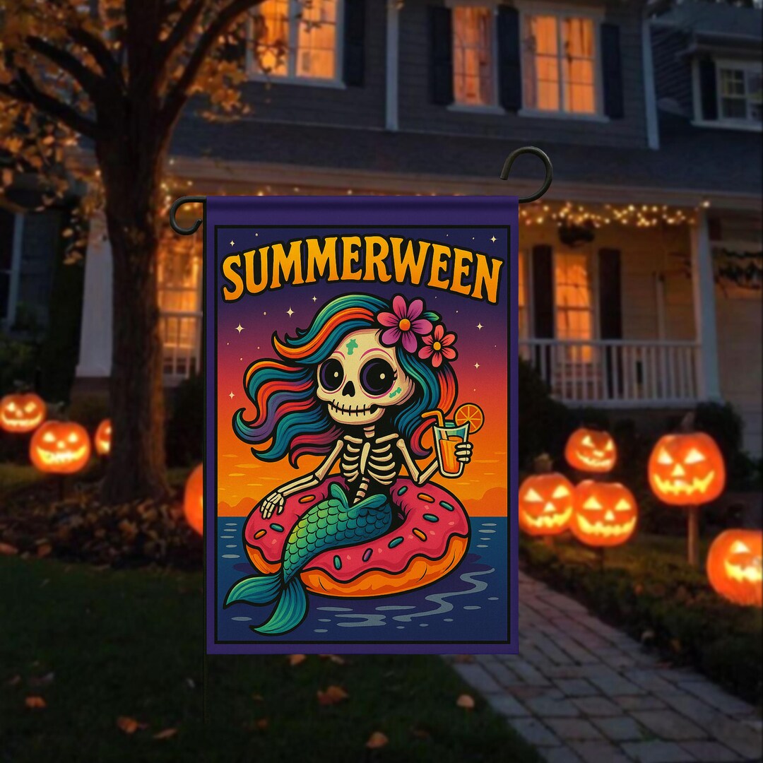 Summerween Mermaid Skeleton Flag, Cute Halloween Beach Decor, Spooky ...