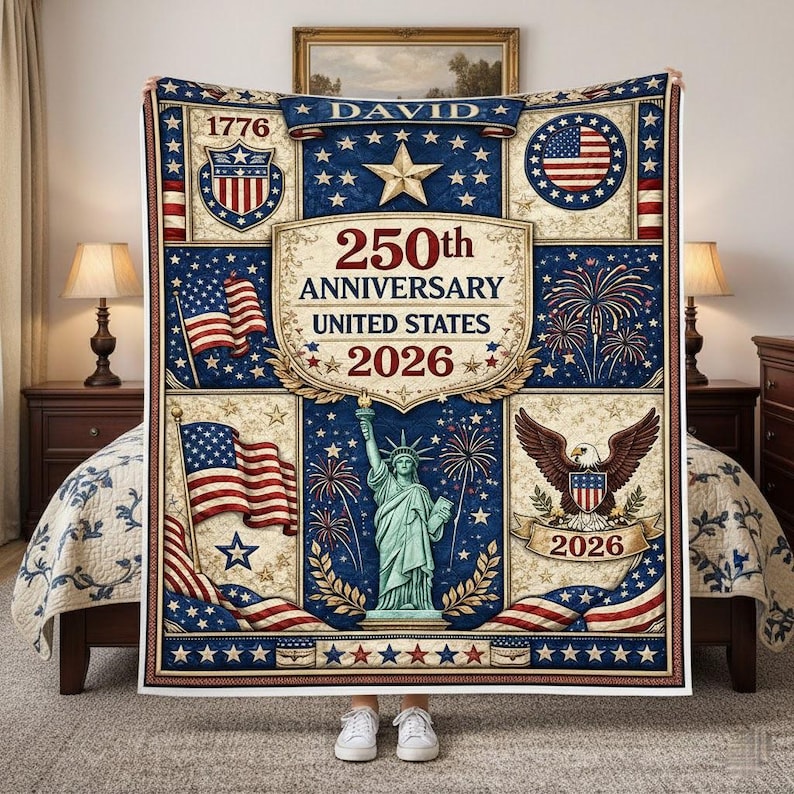 Custom Name 250 Years US Anniversary Quilt Blanket - Statue of Liberty ...