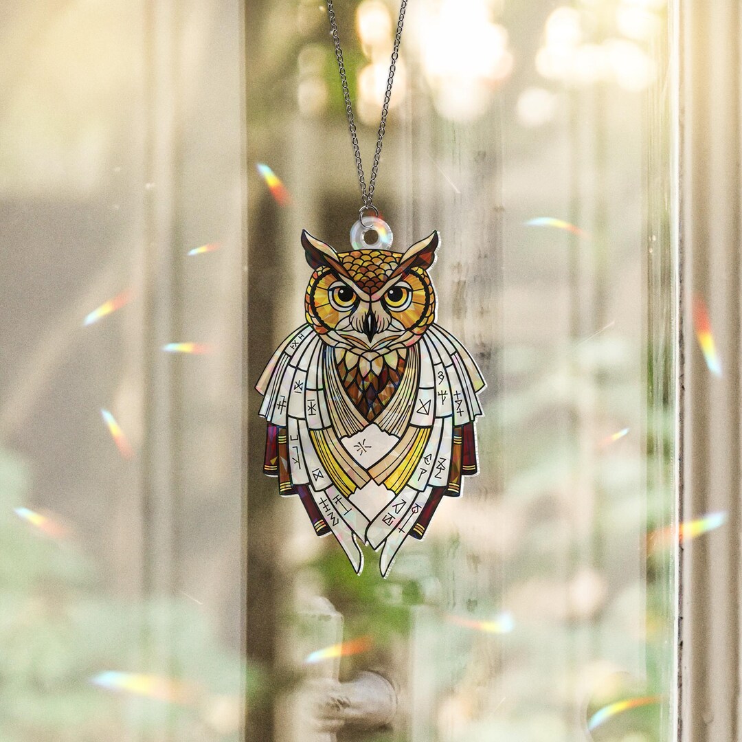 Magic Spell Owl Window Hanging Stained Glass Style, Hologram Gothic ...