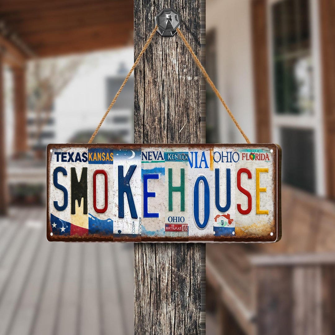 Wooden License Plate Smokehouse Sign, Rustic BBQ Wall Decor, Grill Room ...