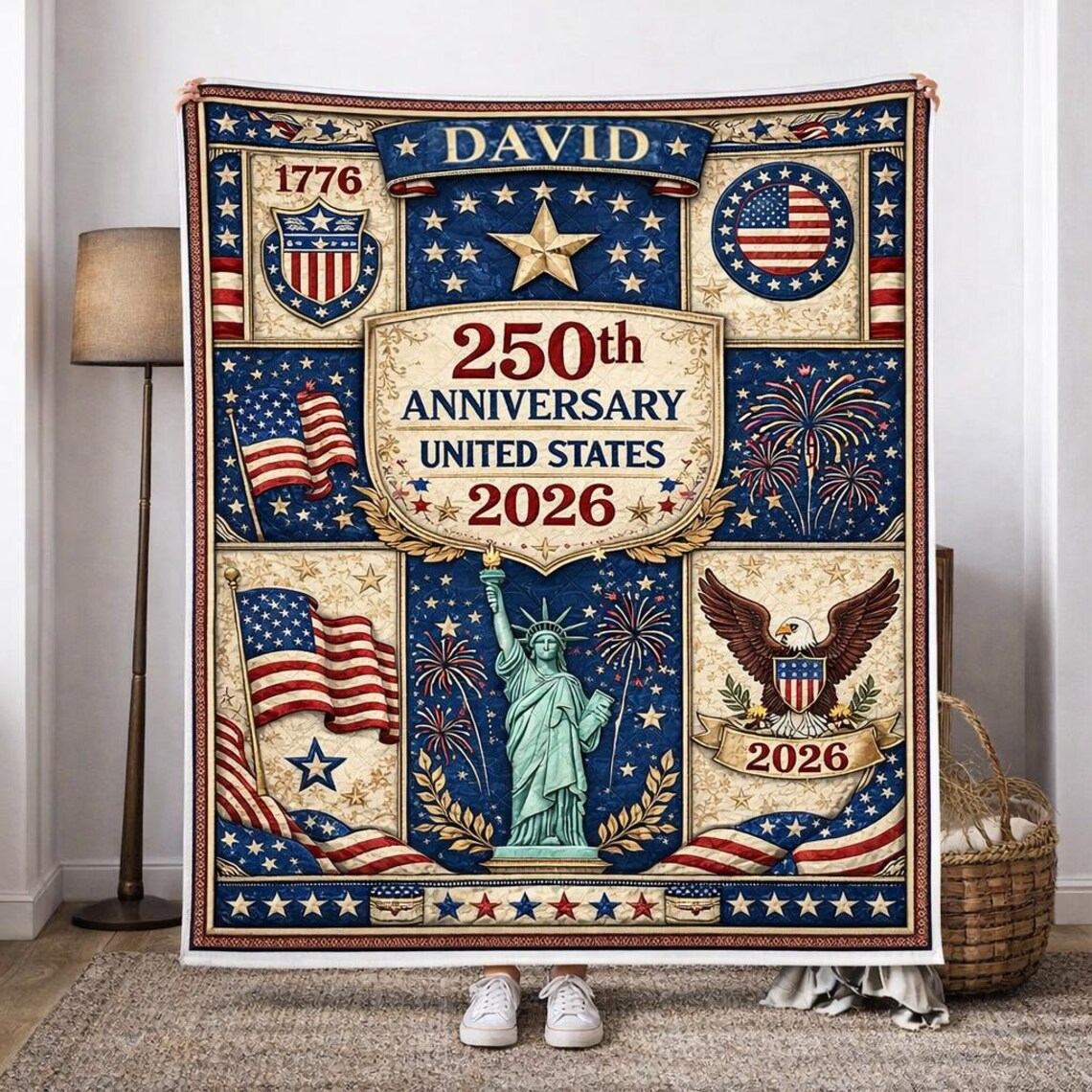 Custom Name 250 Years US Anniversary Quilt Blanket - Statue of Liberty ...