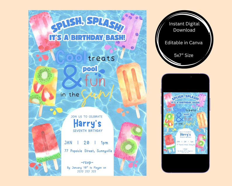 Splish Splash Pool Party Invitation | Editable Summer Birthday Invite | Fun Kids Popsicle Theme ...