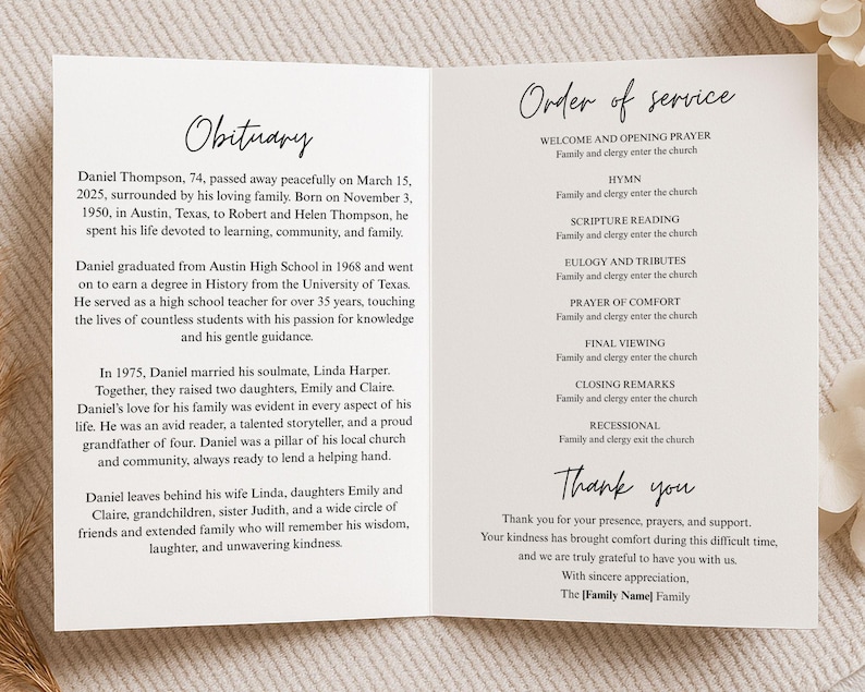 Funeral Program Template, Memorial Program, Editable Memorial Service ...