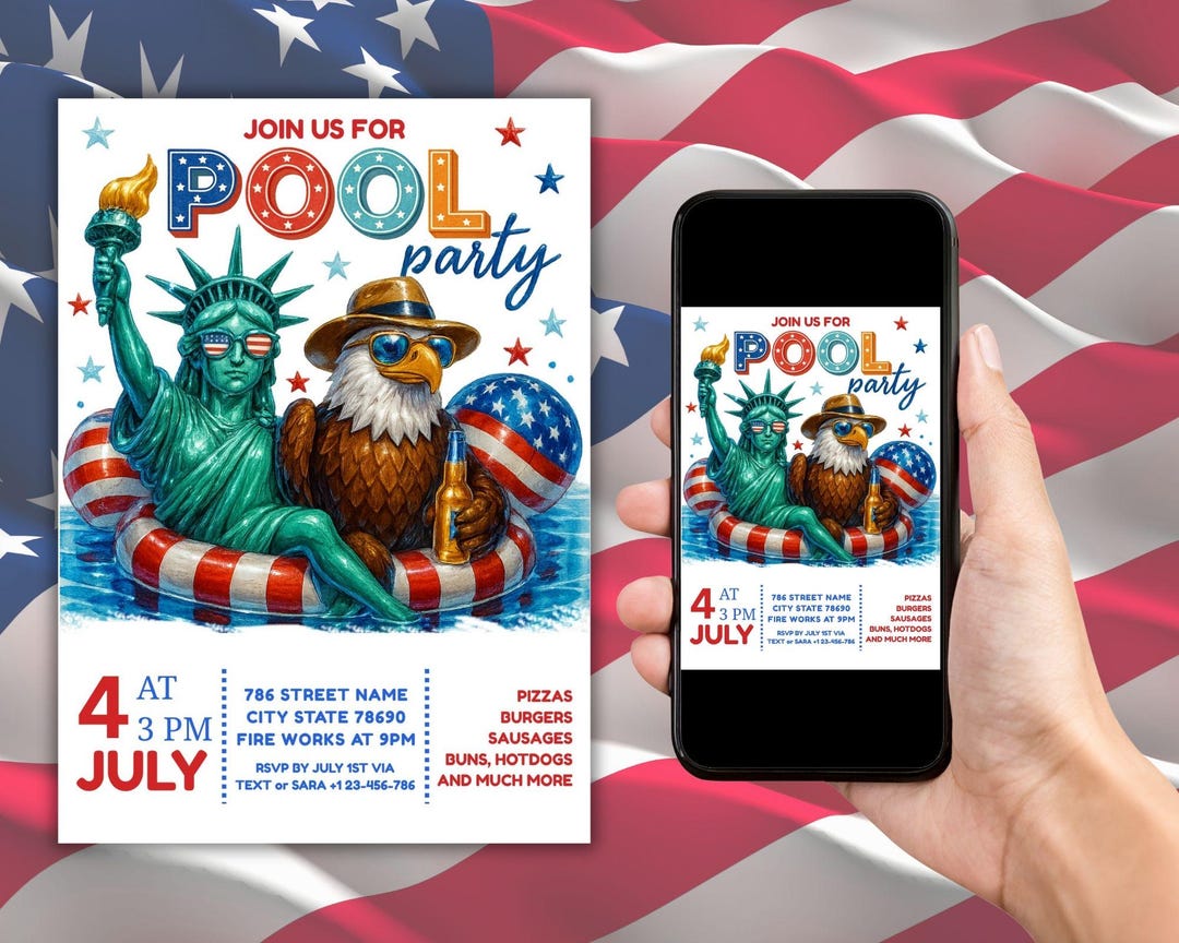 4th of July Pool Party Invitation - Independence Day Pool Party ...