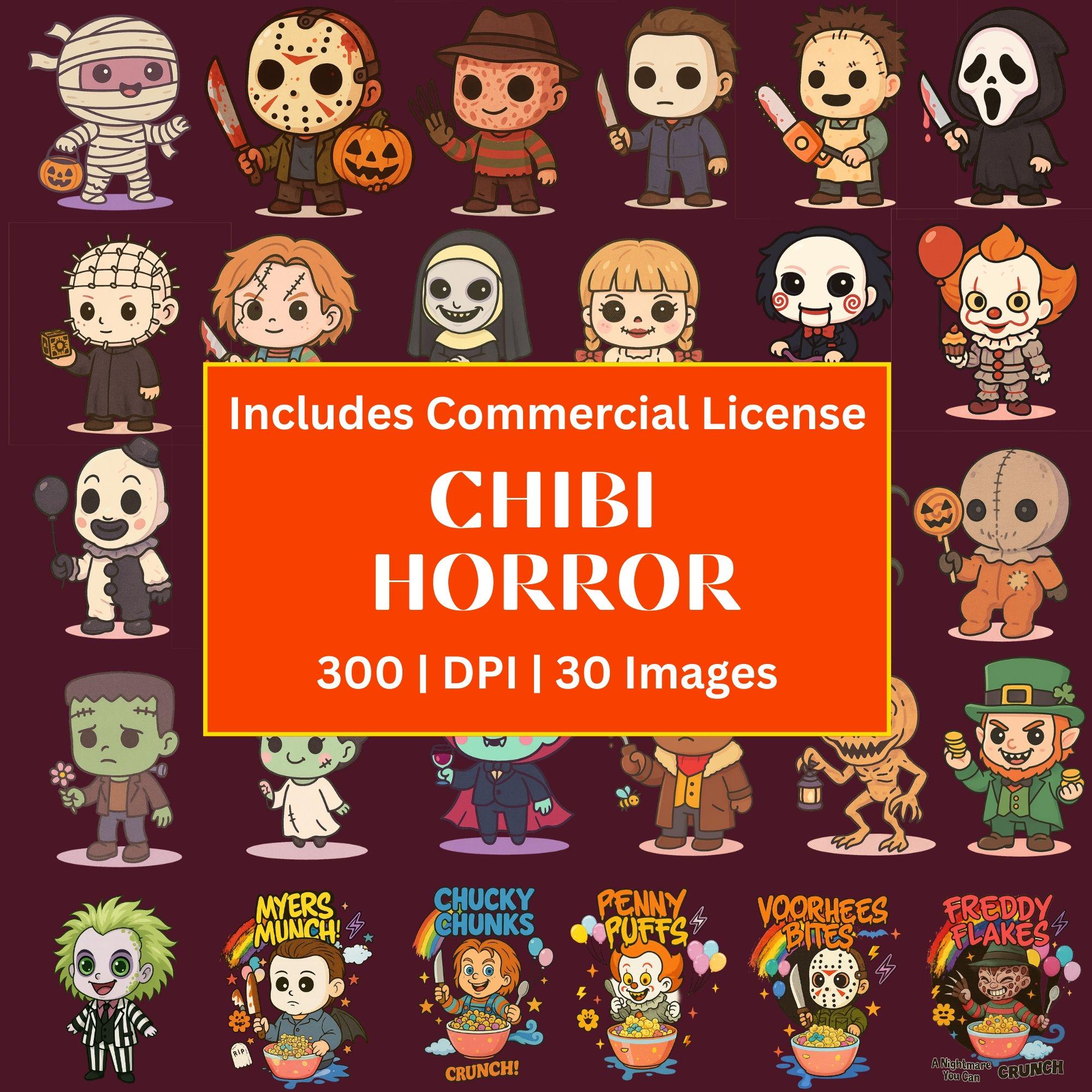 Chibi Horror Movie Villains PNG Bundle | Cute Halloween Clipart | Scary ...