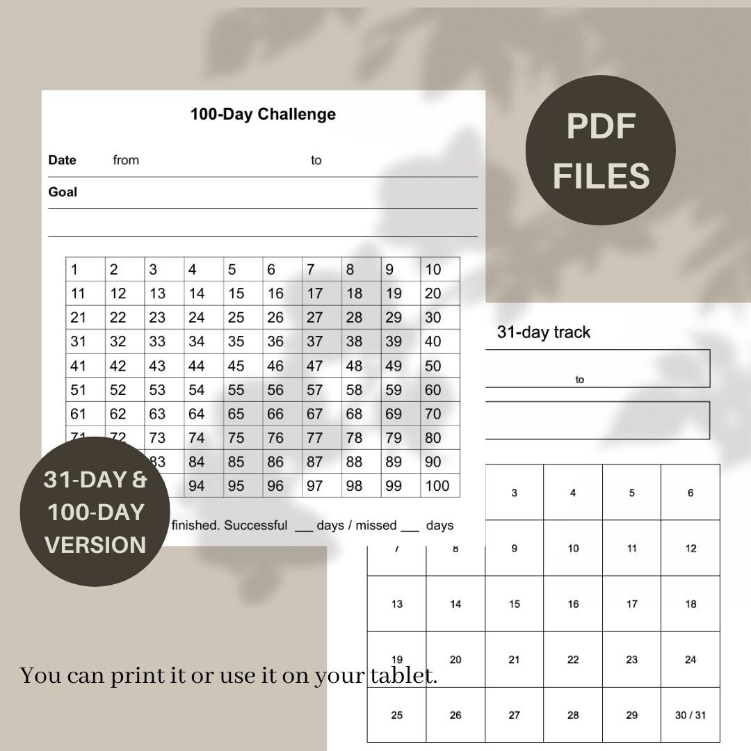 Simple Daily Goal Tracker (printable+pdf) 31-day and 100-day Version - Etsy