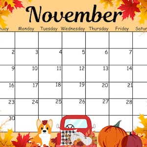 November Calendar Printable – Fall Leaves, Autumn Truck (instant ...