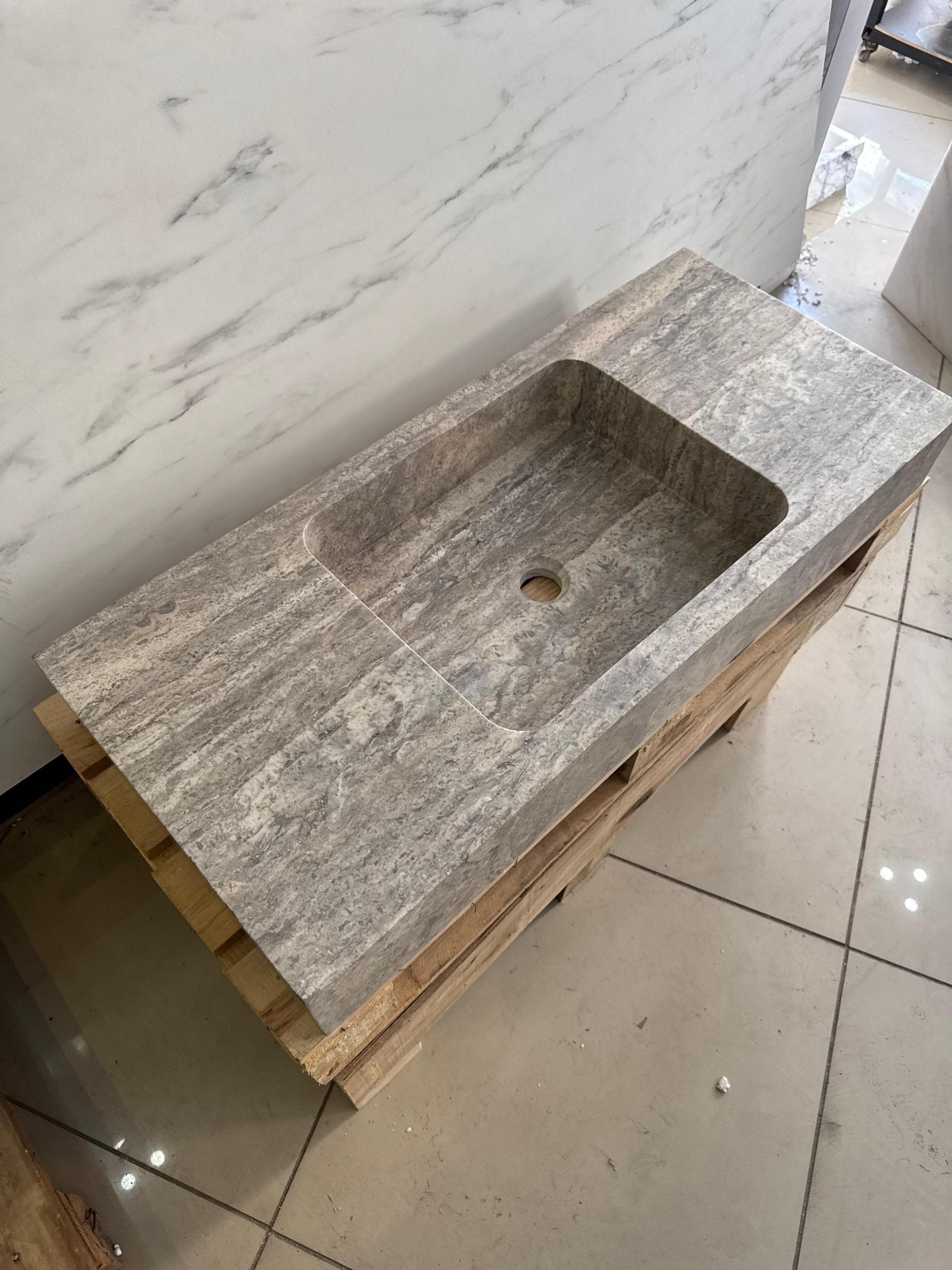 Silver Travertine Wall Mount Powder Room Vanity Sink, Elegant Bathroom ...