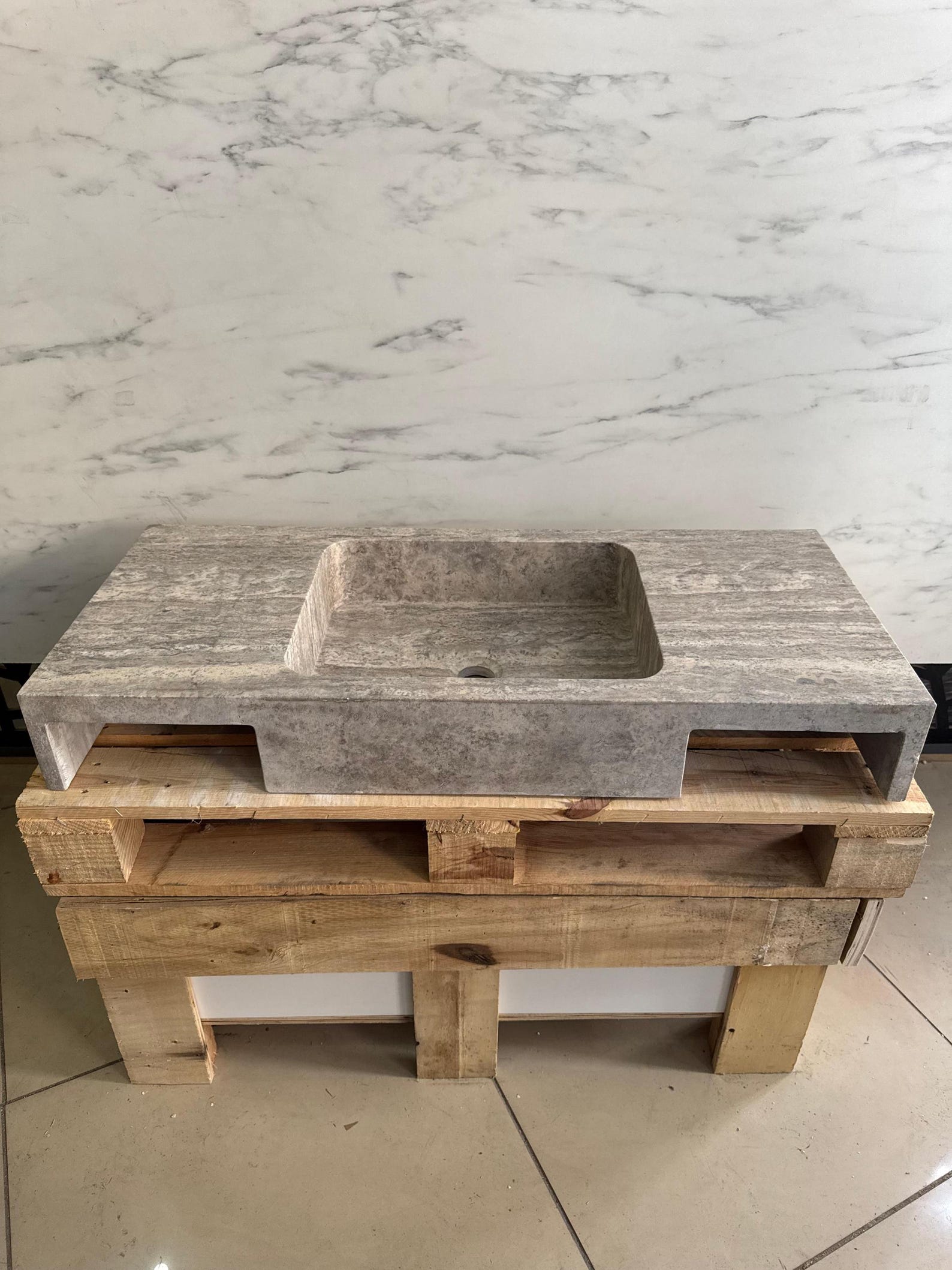 Silver Travertine Wall Mount Powder Room Vanity Sink, Elegant Bathroom ...