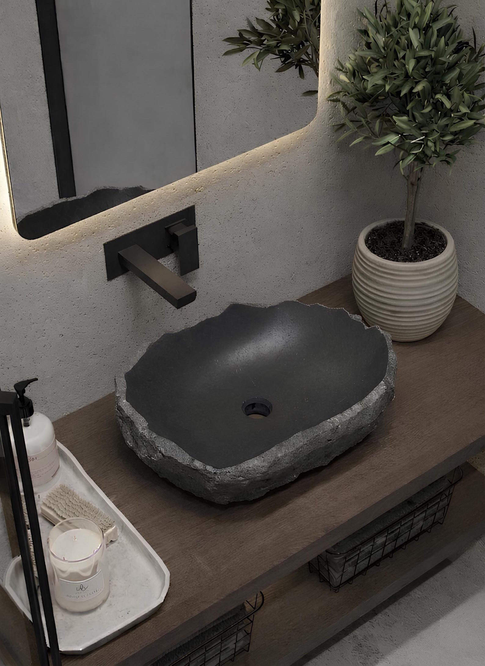 Black Basalt Vessel Sink, Farmhouse Bathroom Vanity, Handcrafted Stone ...