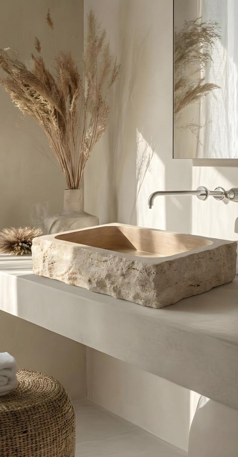 Travertine Vessel Sink, Rectangular Rustic Basin, Chiseled Split Face ...