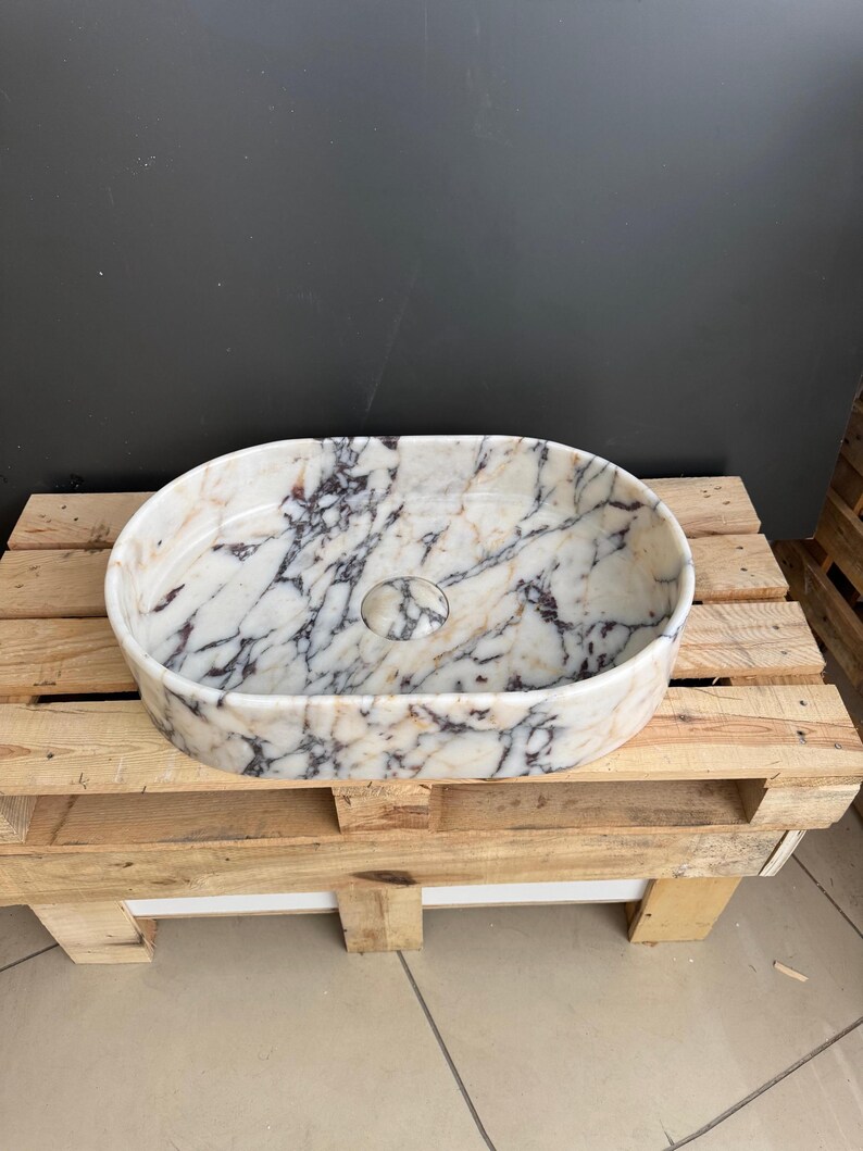 Luxury Calacatta Viola Oval Marble Sink, Handcrafted Countertop Basin ...