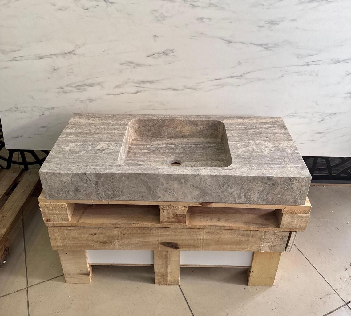 Silver Travertine Wall Mount Powder Room Vanity Sink, Elegant Bathroom ...