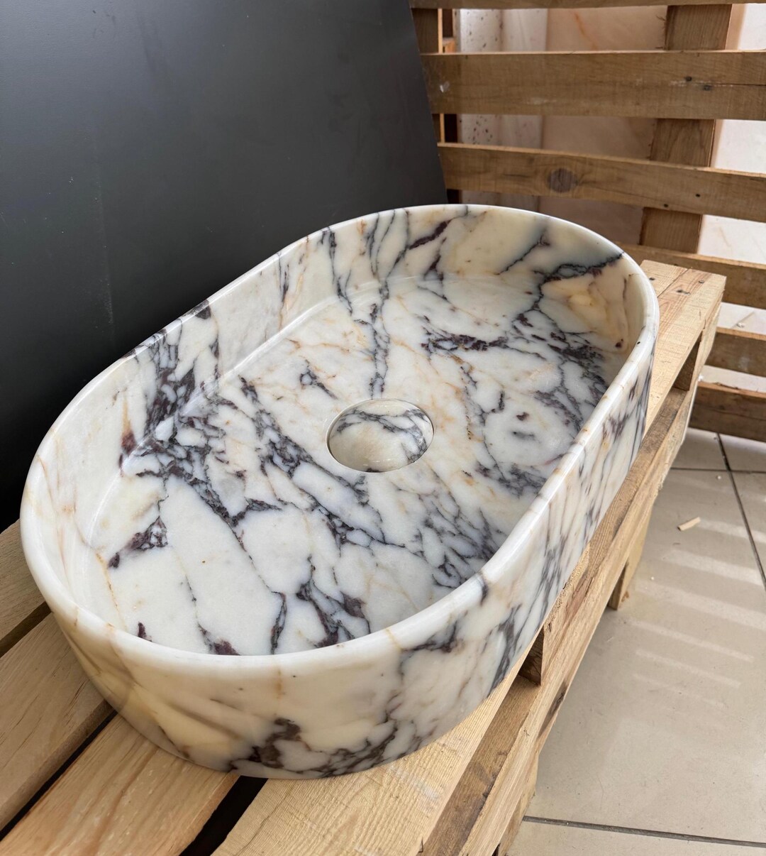 Calacatta Viola Marble Sink, Countertop Oval Basin With Hidden Drain ...