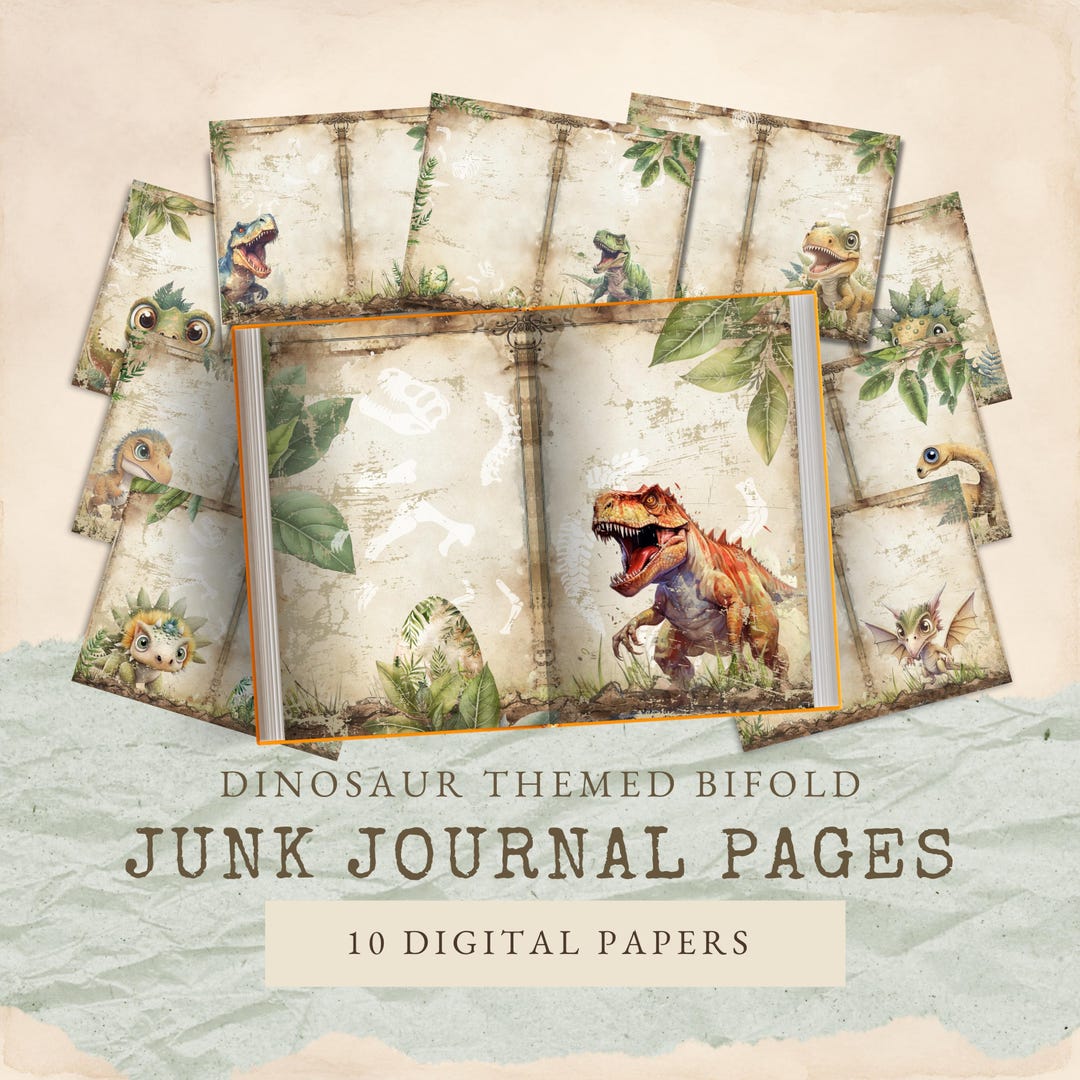 Dinosaur Digital Paper Pack, Bifold Junk Journal Pages, Prehistoric ...