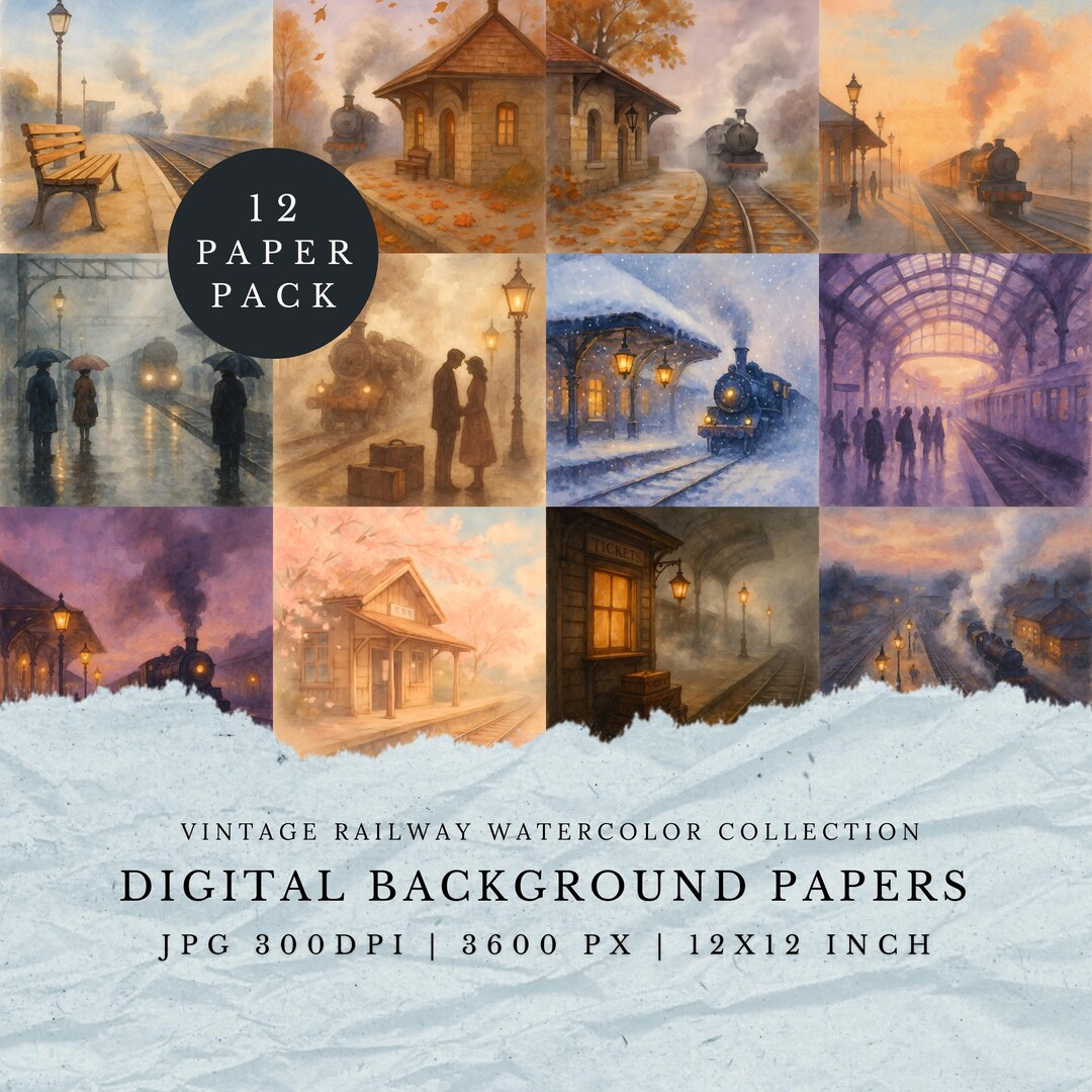 Vintage Train Station Backgrounds, Watercolor Railway Scrapbook Papers ...
