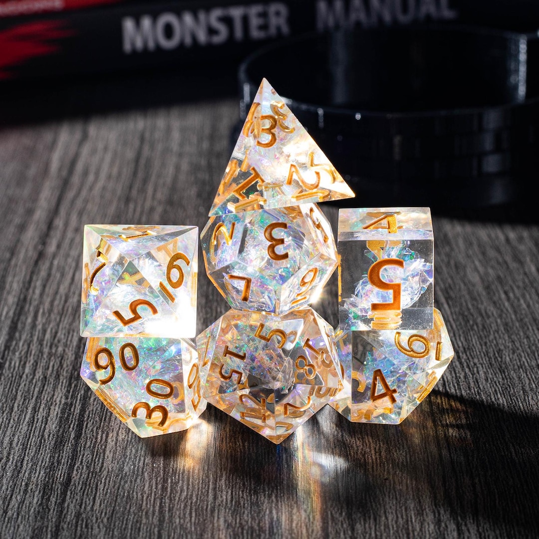 DND Dice 7pcs Set - Transparent Resin Golden Number With Balanced ...