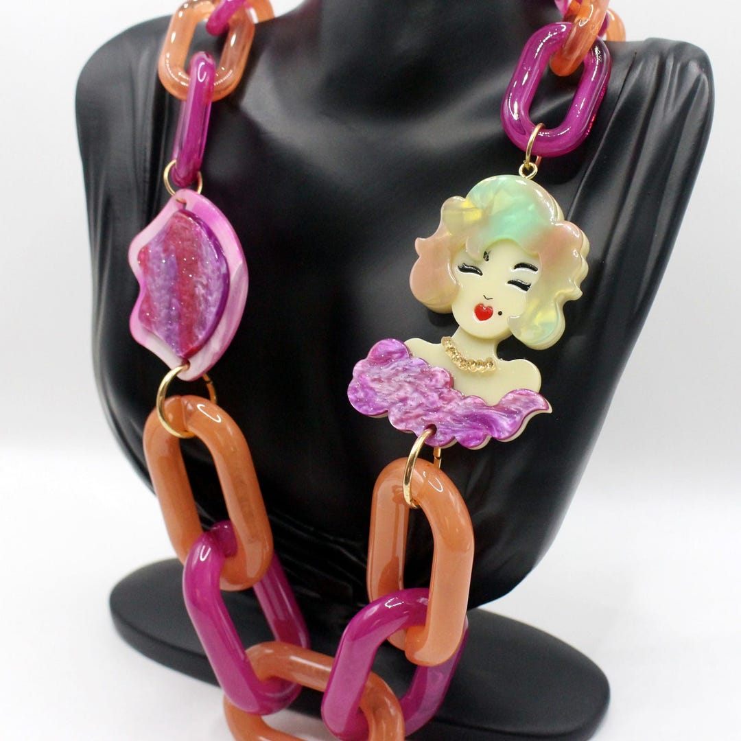 Chunky Colorblock Chain Necklace: Acrylic Face, Adjustable Statement ...