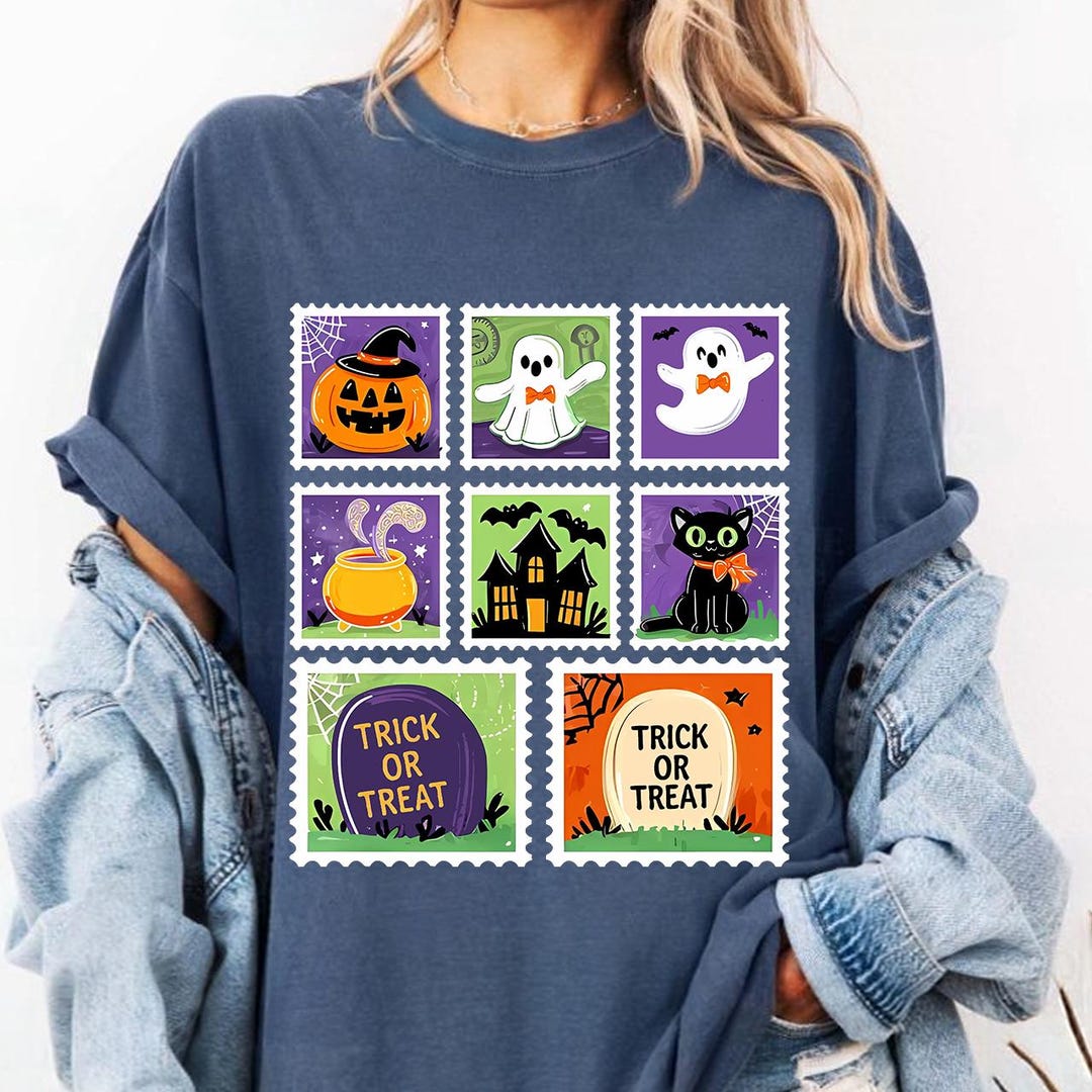 Halloween Postage Stamp PNG, Spooky Ghost Cat Pumpkin Sublimation ...