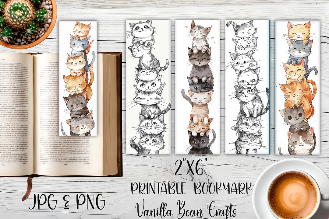 Stacked Cats Printable Sublimation Bookmarks 2x6 PNG JPG Book Reading ...