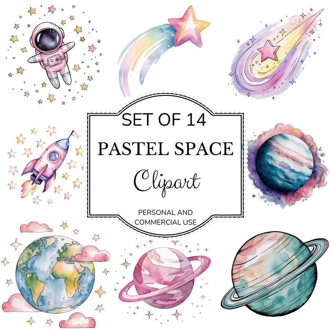 Pastel Space Clipart, Watercolor Cute Outer Space Clipart, Space Girl ...