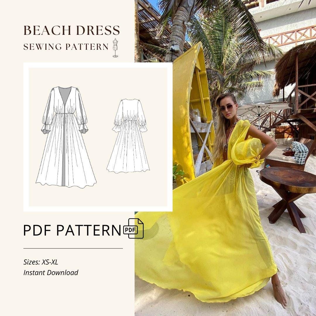 Beach Maxi Dress PDF Pattern | Deep V Neck Long Sleeve Dress | Boho ...