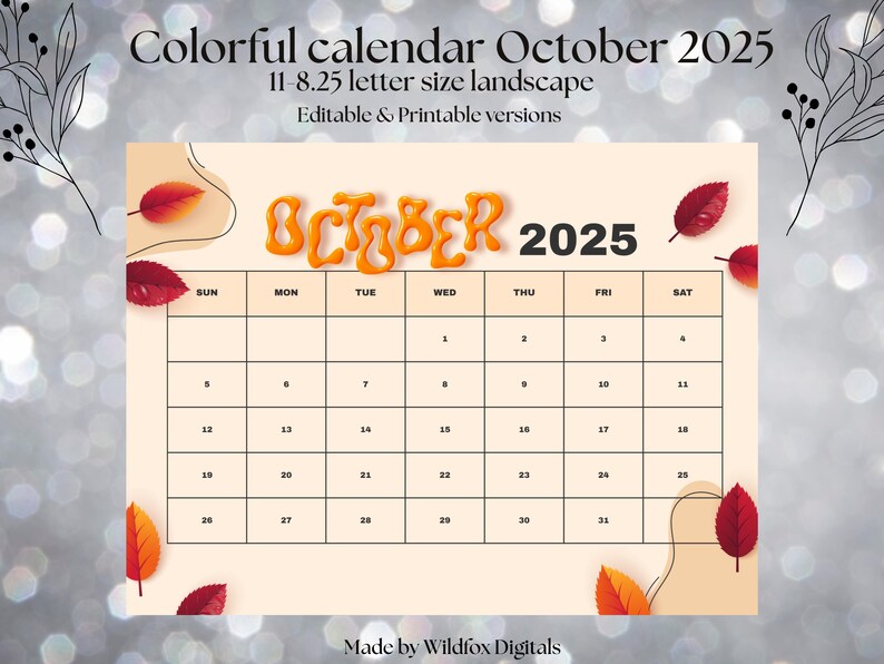 October 2025 Calendar Printable and Editable PDF Letter Size Landscape ...