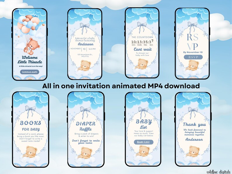 Blue Teddy Bear Baby Shower Invitation | Animated MP4 Canva Template ...
