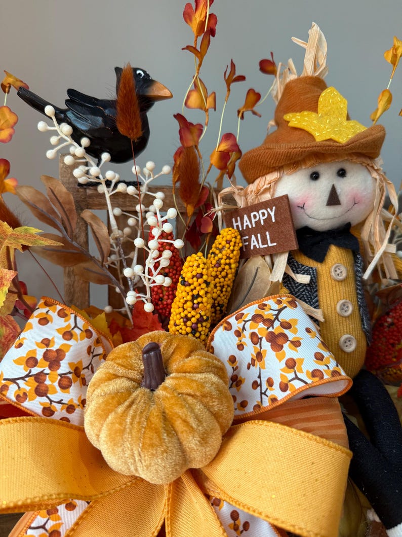 Happy Fall Scarecrow Centerpiece – Rustic Bench Display With Pumpkins ...