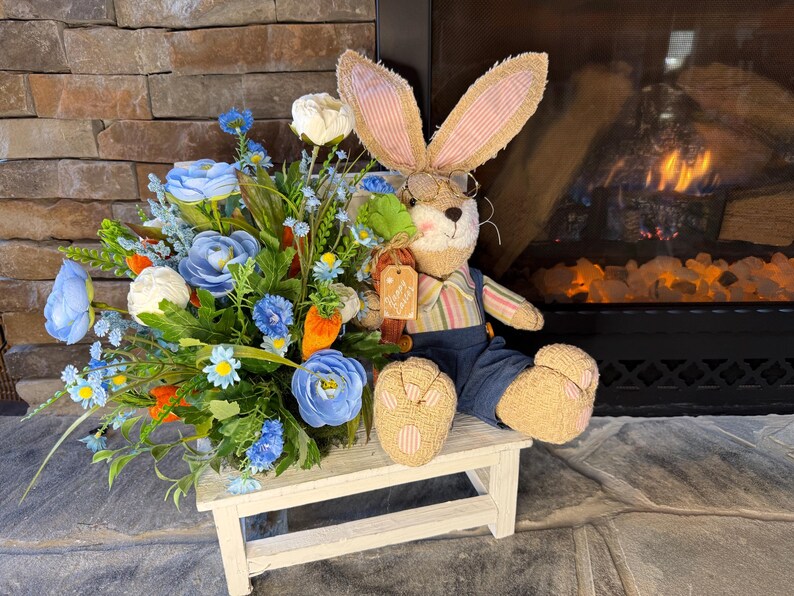 Floral Easter Bunny Bench Centerpiece – Blue Spring Decor - Etsy