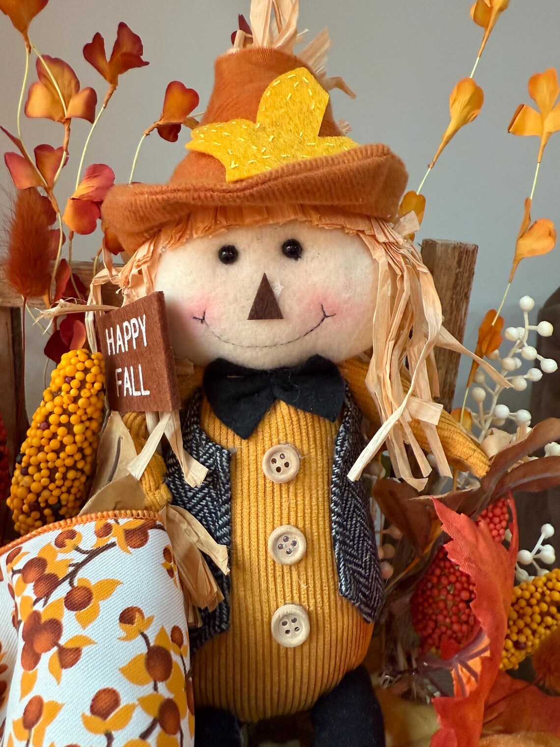 Happy Fall Scarecrow Centerpiece – Rustic Bench Display With Pumpkins ...