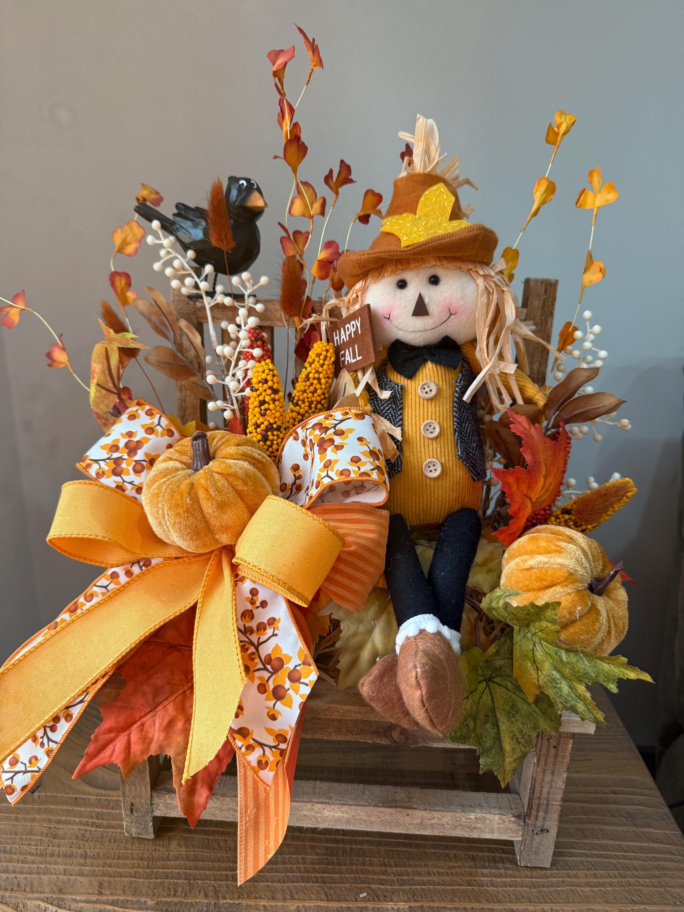 Happy Fall Scarecrow Centerpiece – Rustic Bench Display With Pumpkins ...