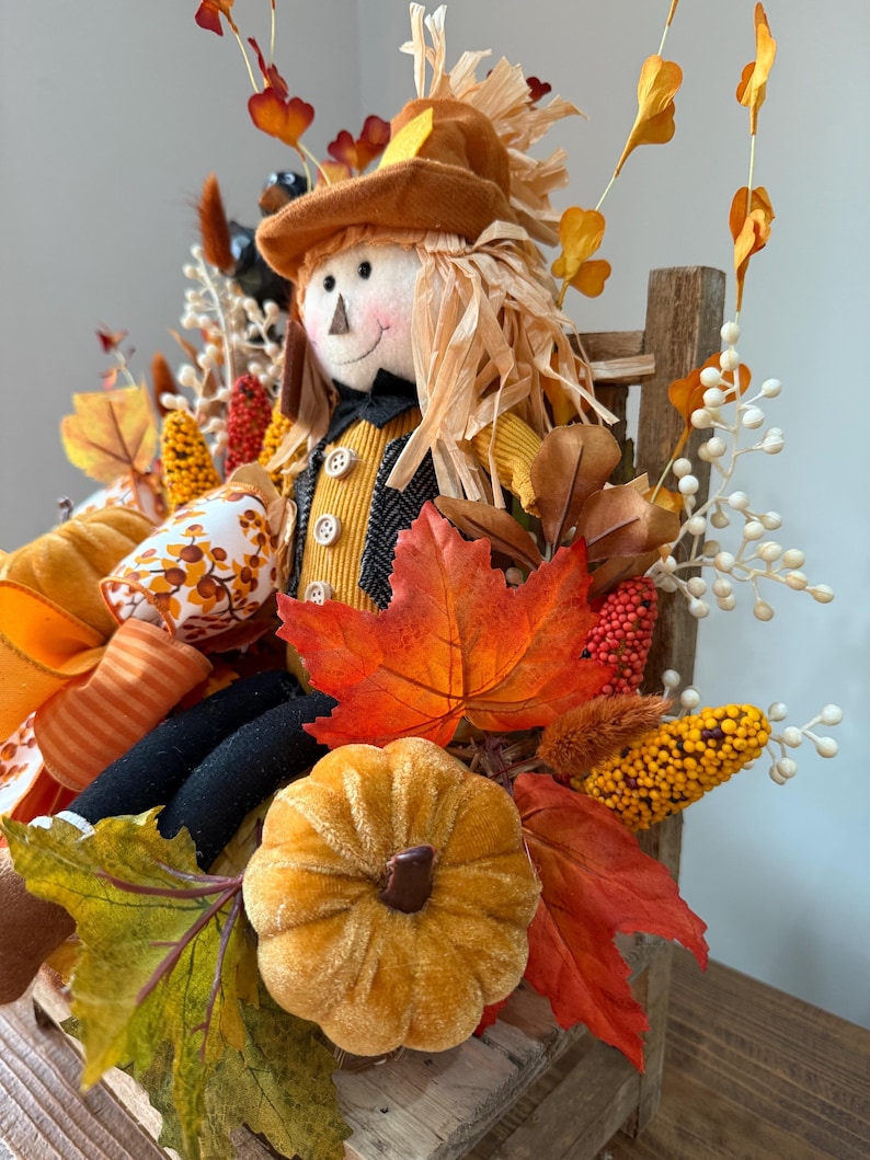 Happy Fall Scarecrow Centerpiece – Rustic Bench Display With Pumpkins ...
