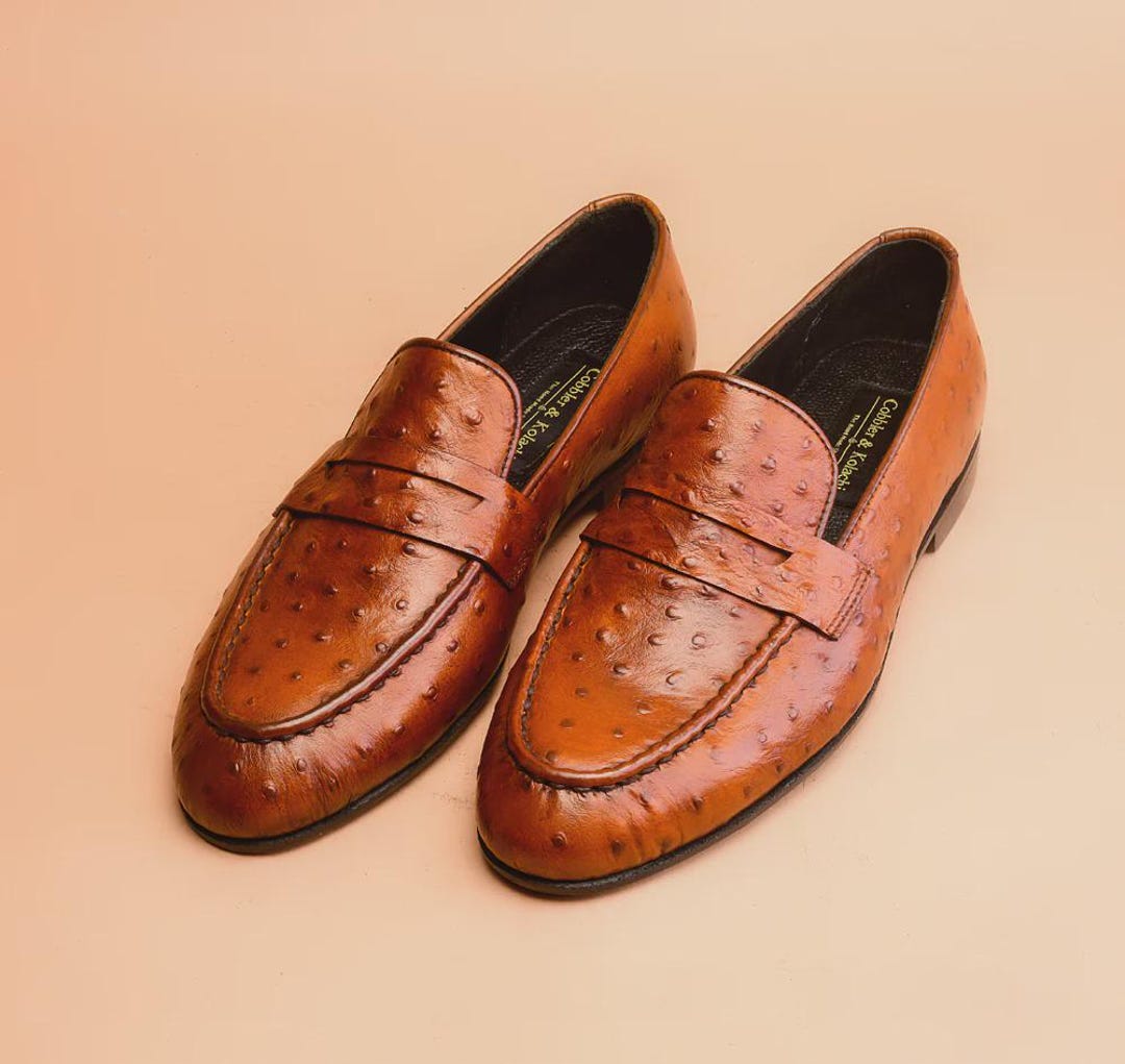 Handmade Brown Ostrich Leather Loafers: Men's Bespoke Formal Shoes - Etsy