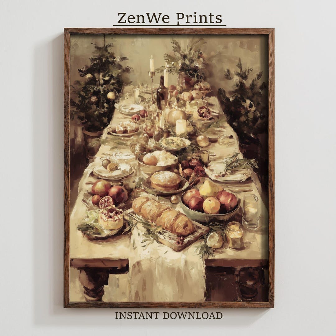 Vintage Christmas Dinner Table Wall Art Print: Cozy Holiday Still Life ...
