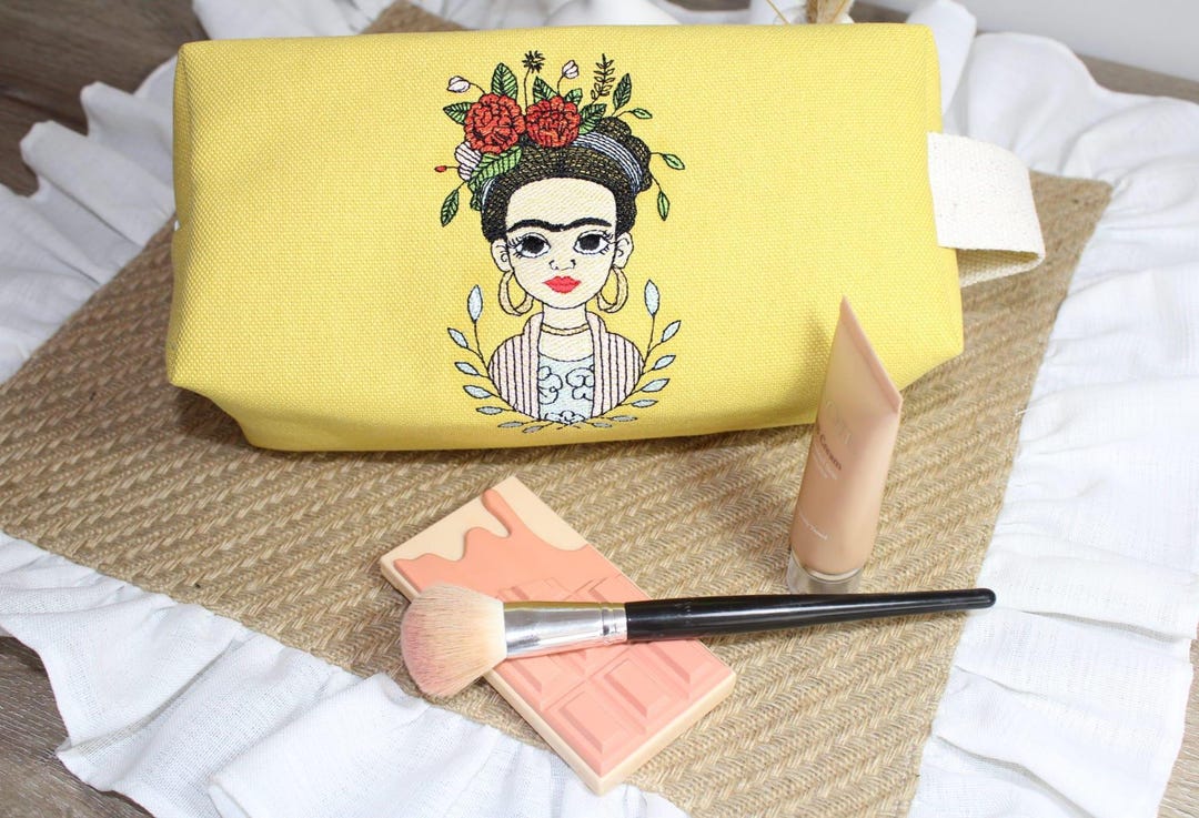 Frida Kahlo Embroidered Makeup Bag: Yellow Canvas Cosmetic Organizer - Etsy