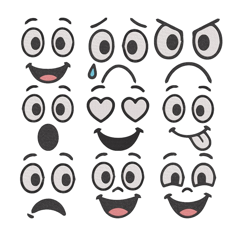 Cartoon Emoji Faces Machine Embroidery Design, Set of 9, Instant ...