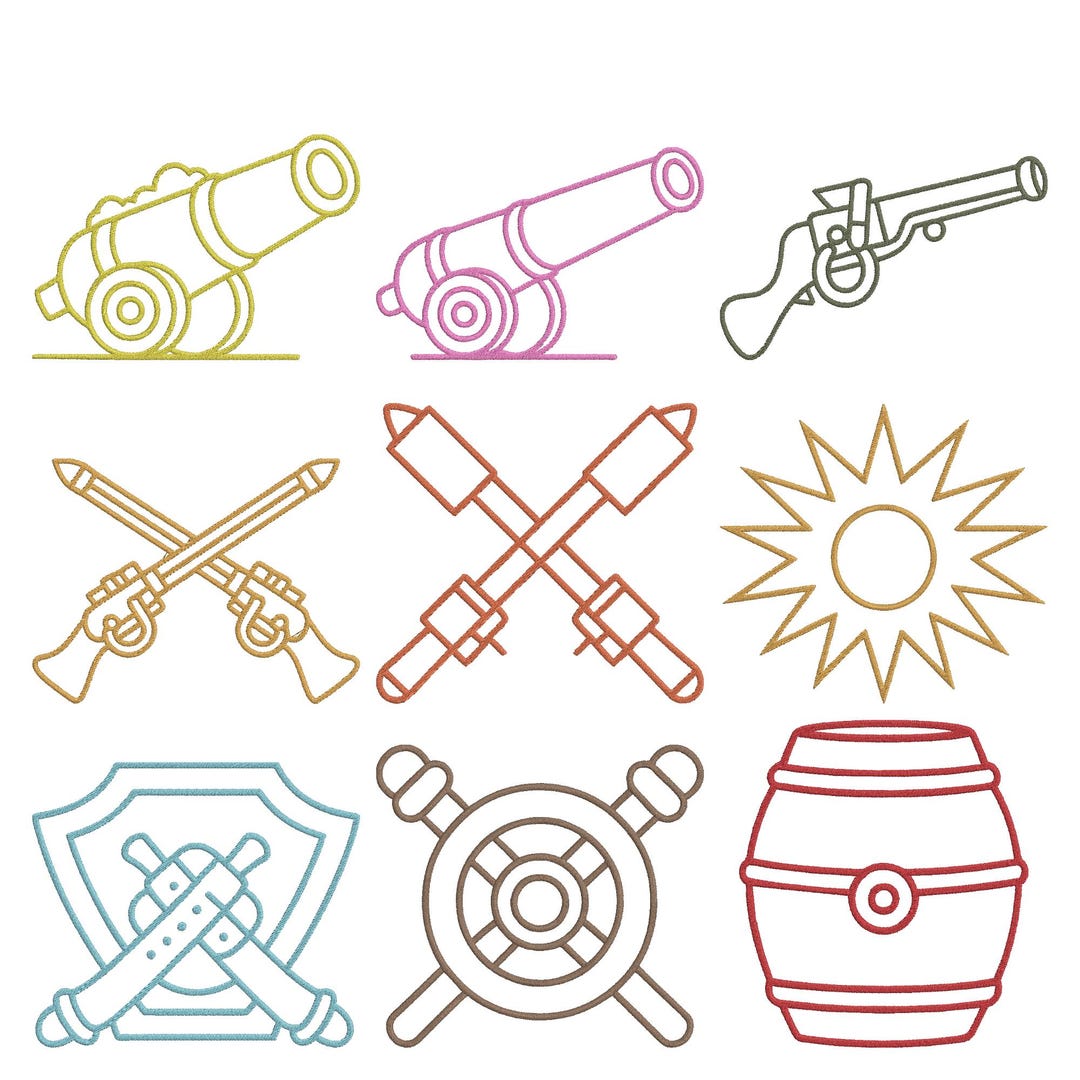 Pirate Nautical Line Art Machine Embroidery Design, Set of 9, Instant ...
