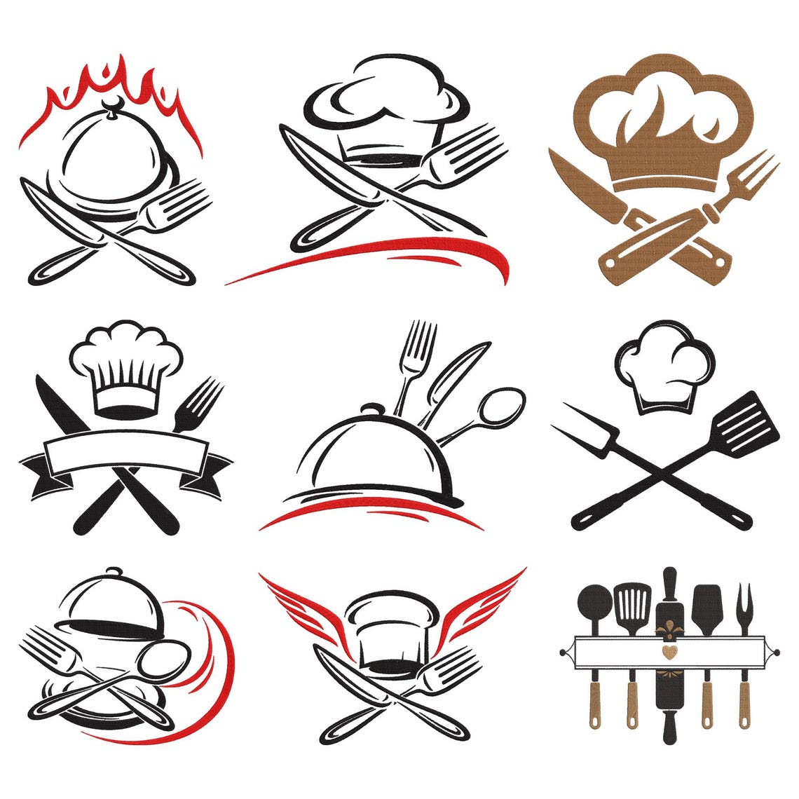 Chef Logo Machine Embroidery Bundle, Set of 9 Kitchen Cooking Designs ...