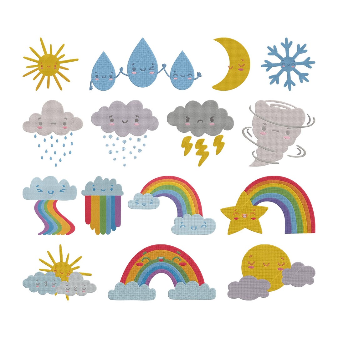 Cute Weather Machine Embroidery Bundle, Set of 18 Rainbow Cloud Icons ...