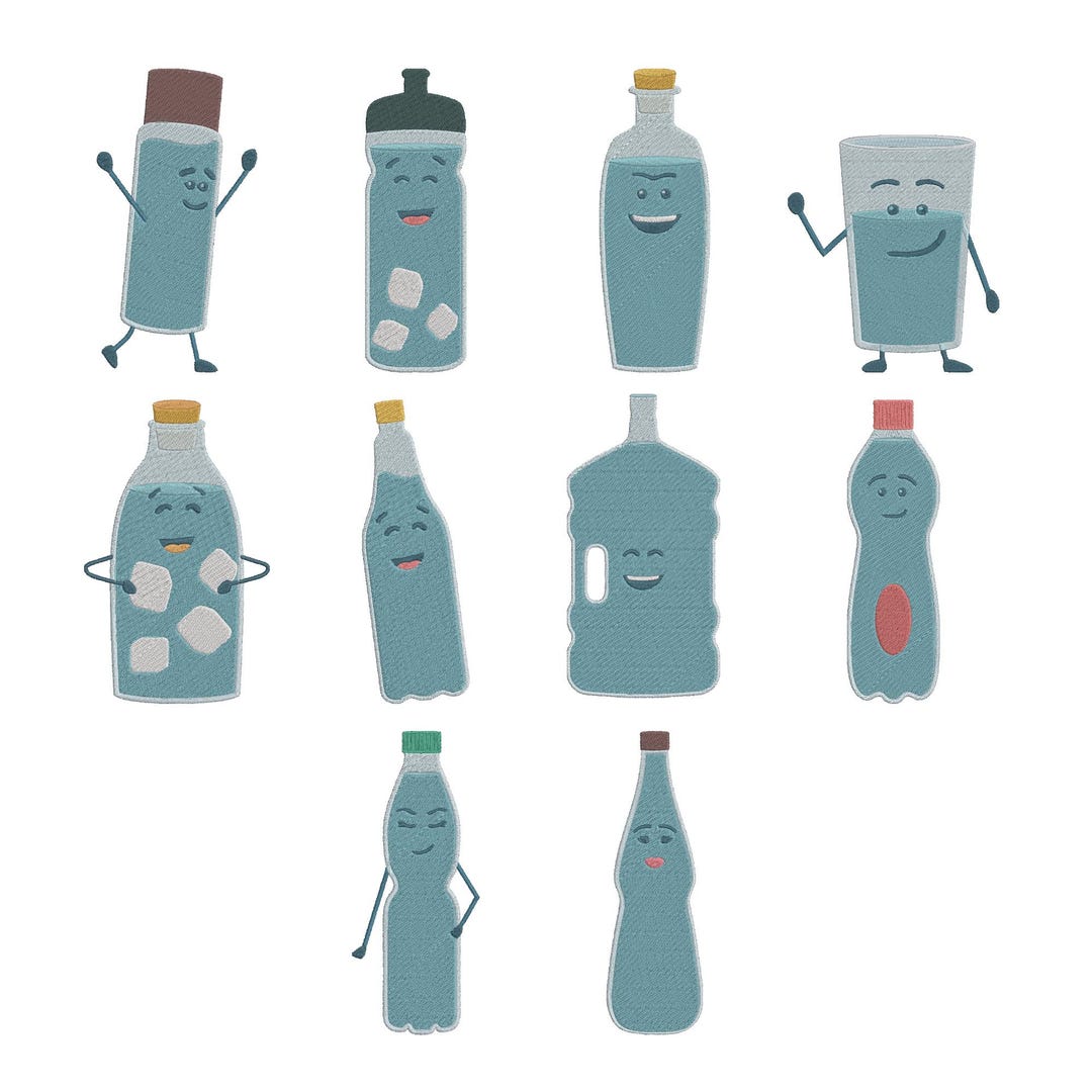 Kawaii Water Bottle Machine Embroidery Design, Set of 10, Instant ...